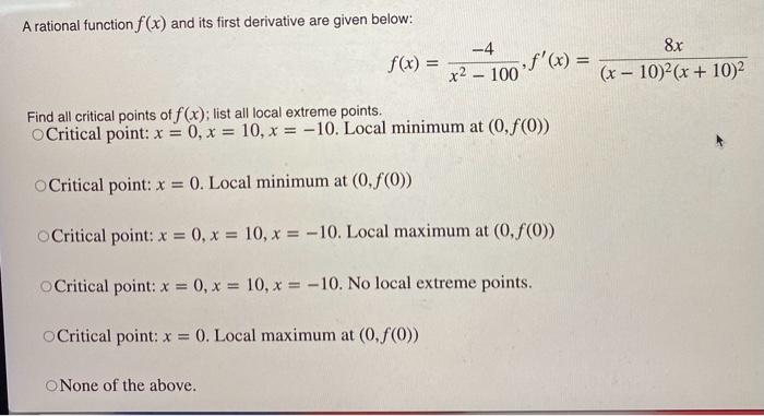 Solved A rational function f(x) and its first derivative are | Chegg.com