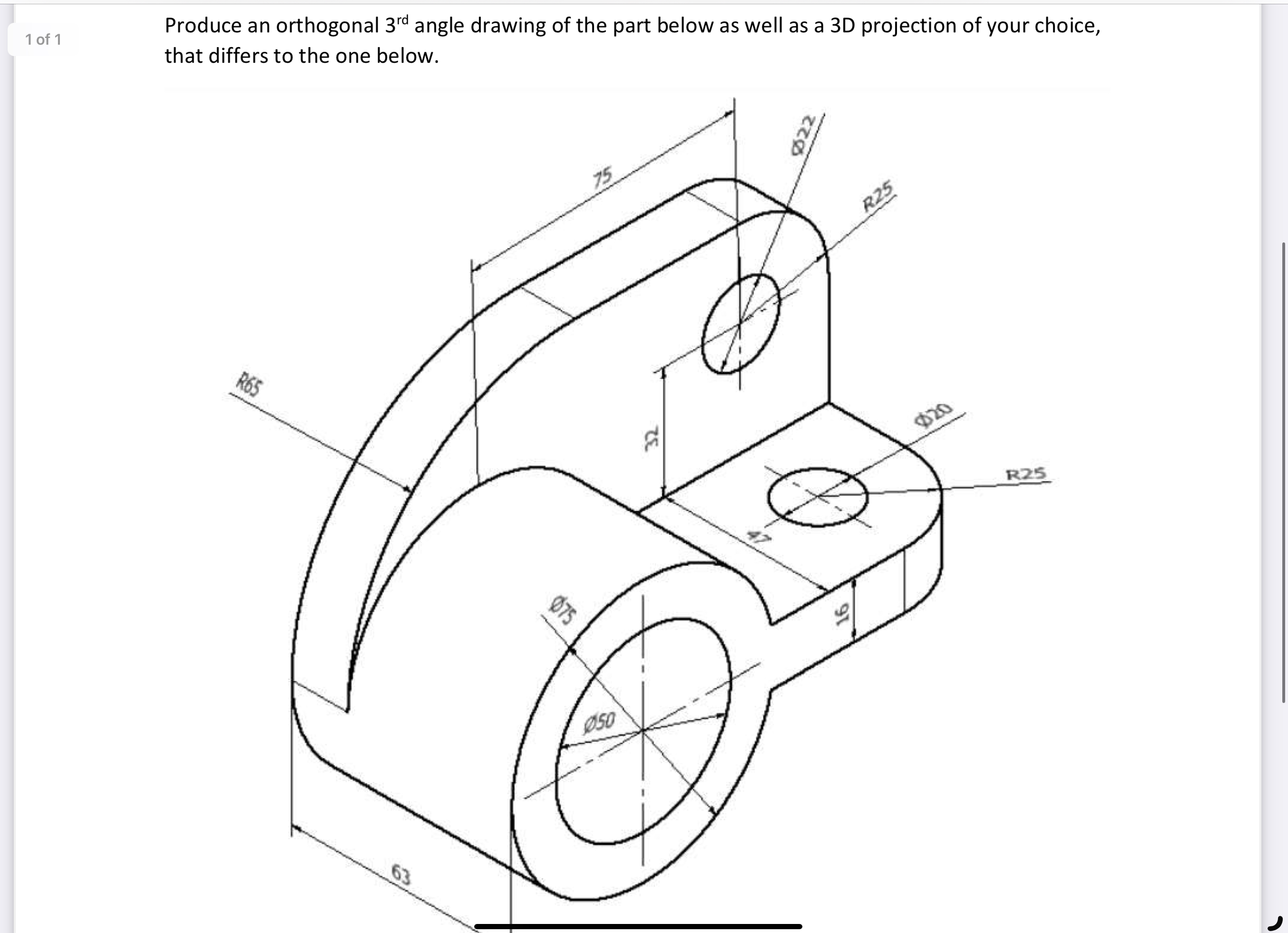 Solved Produce an orthogonal 3rd ﻿angle drawing of the part | Chegg.com