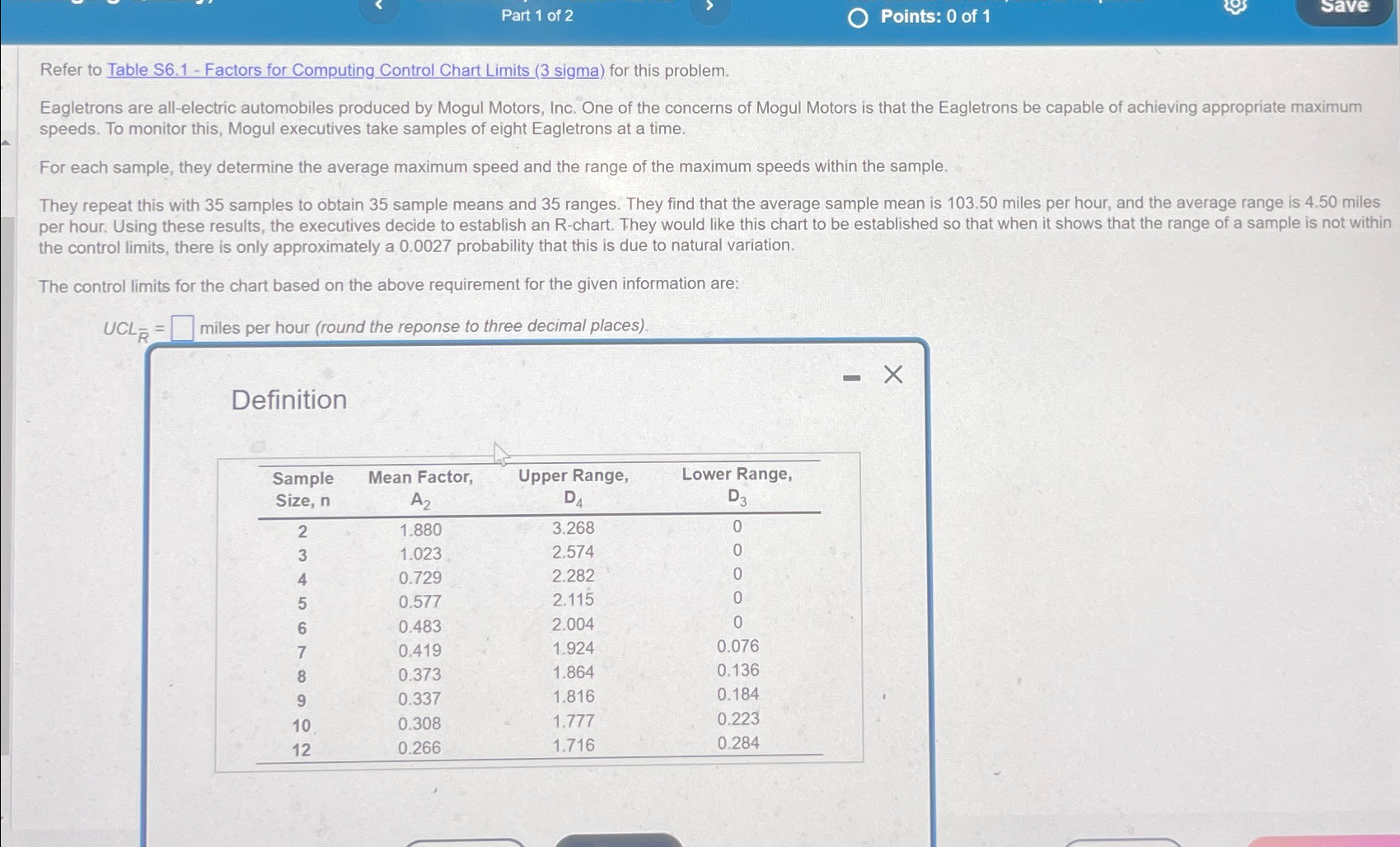 Solved Refer to Table S6.1 - ﻿Factors for Computing Control | Chegg.com