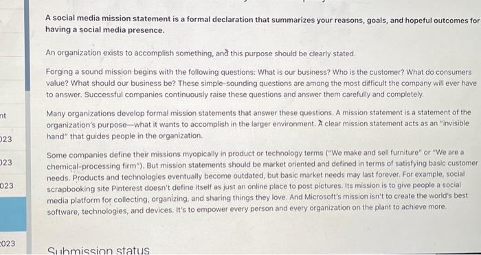 Solved A social media mission statement is a formal | Chegg.com