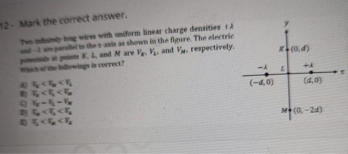 Solved 12- Mark the correct answer. Twe infinitely long | Chegg.com