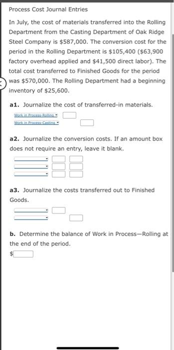 Solved Process Cost Journal Entries In July, the cost of | Chegg.com