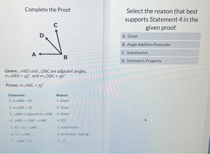 Solved Complete the Proof Given: ∠ABD and ∠DBC are adjacent | Chegg.com