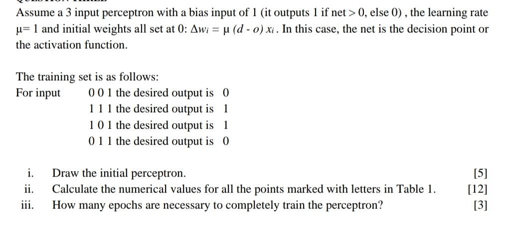 Solved Assume a 3 input perceptron with a bias input of 1 | Chegg.com