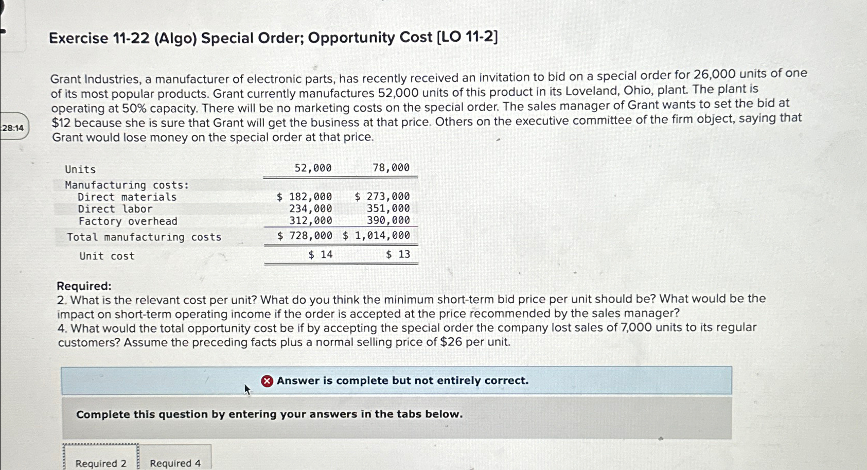 Solved Exercise 11-22 (Algo) ﻿Special Order; Opportunity | Chegg.com