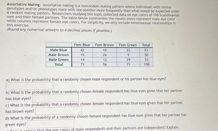 Solved Assortative Mating: Assortative mating is a nonrandom | Chegg.com