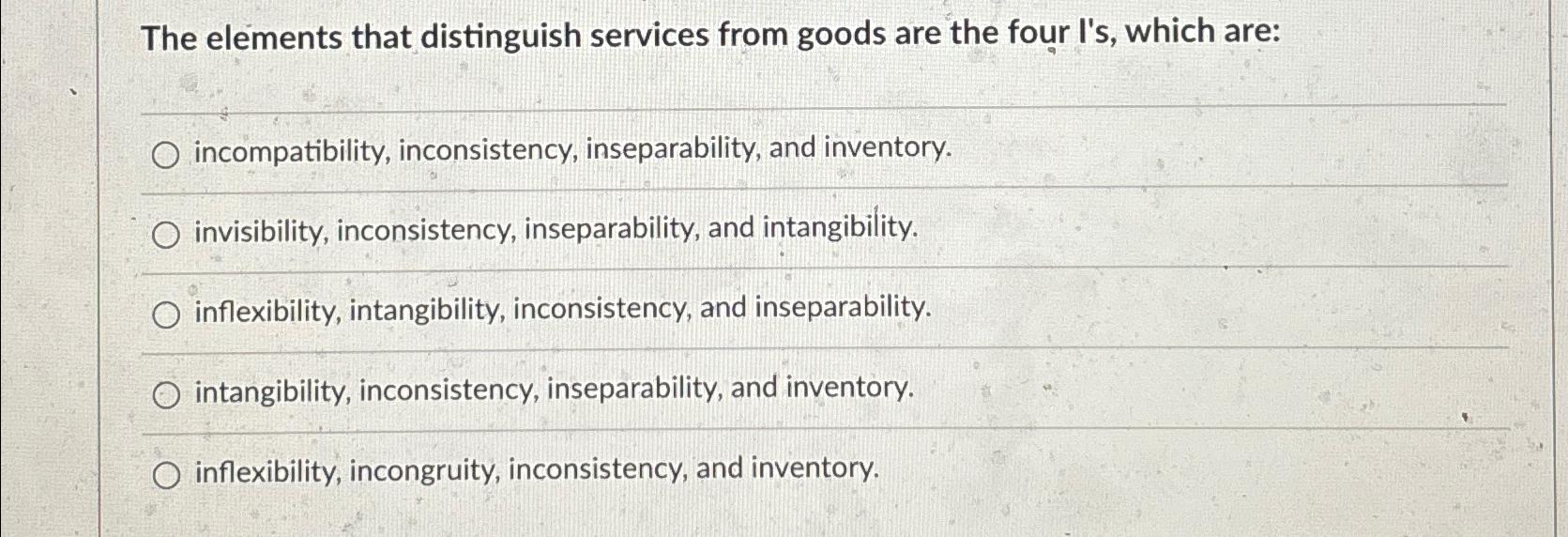 Solved The elements that distinguish services from goods are | Chegg.com