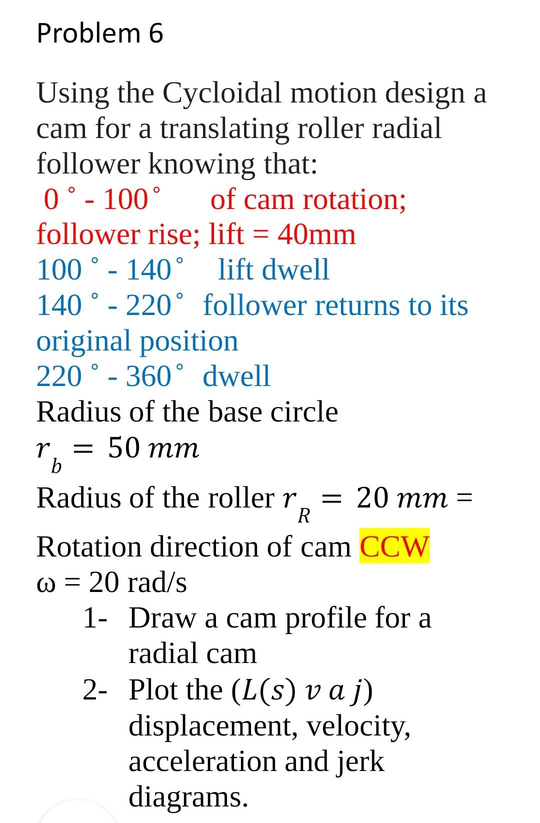 Solved Problem 6 Using the Cycloidal motion design a cam for | Chegg.com
