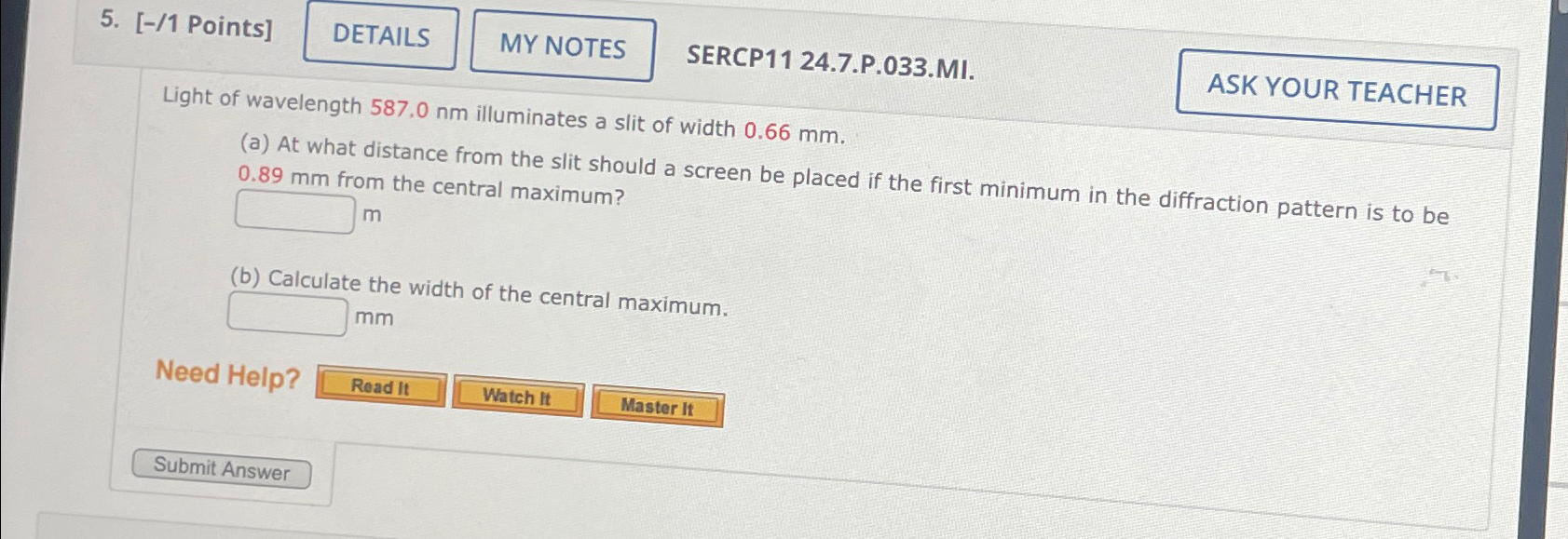 Solved [ 1 ﻿points]sercp11 24 7 P 033 Mi Light Of