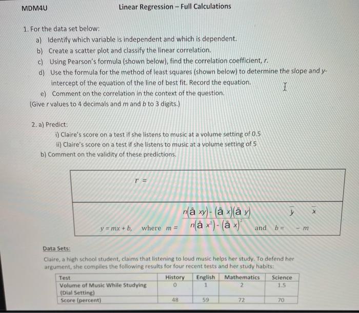 Solved MDM4U Linear Regression - Full Calculations 1. For | Chegg.com