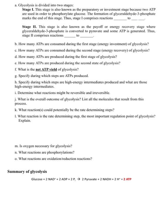 Solved a. Glycolysis is divided into two stages: Stage I. | Chegg.com
