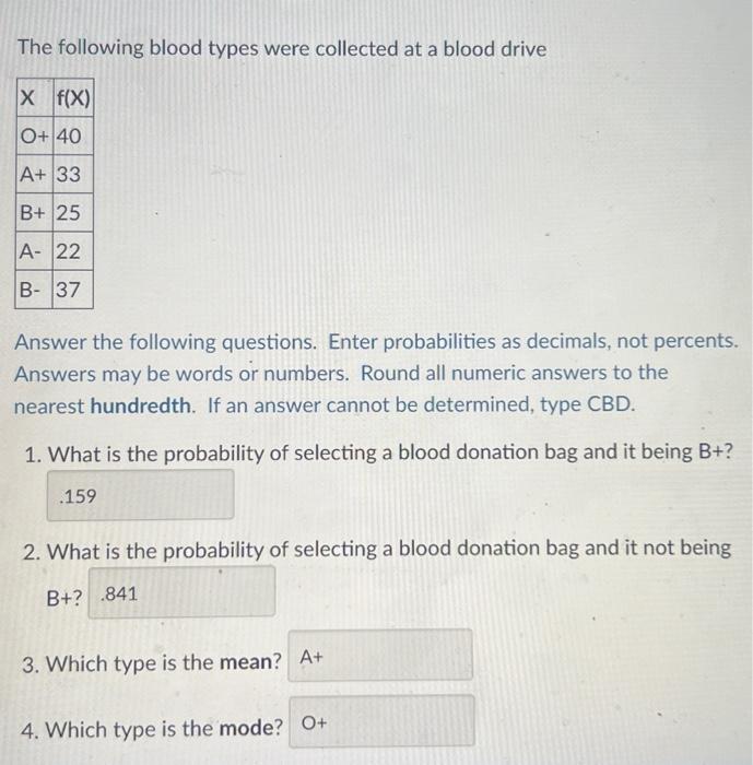 Solved The following blood types were collected at a blood | Chegg.com
