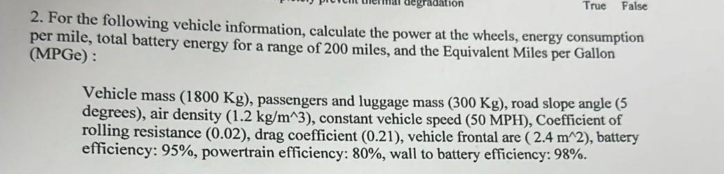 Solved 2. For the following vehicle information, calculate | Chegg.com