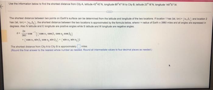 Solved The shortest distance between two points on Earth's | Chegg.com
