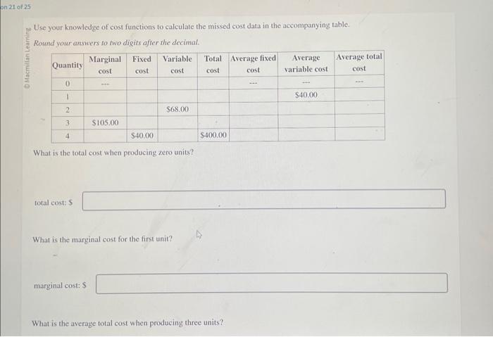 Solved Use your knowledge of cost functions to calculate the | Chegg.com