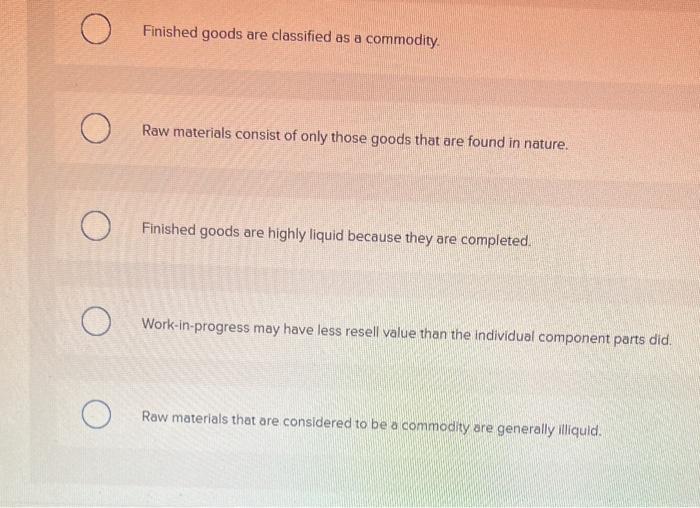 Solved Finished goods are classified as a commodity. Raw | Chegg.com