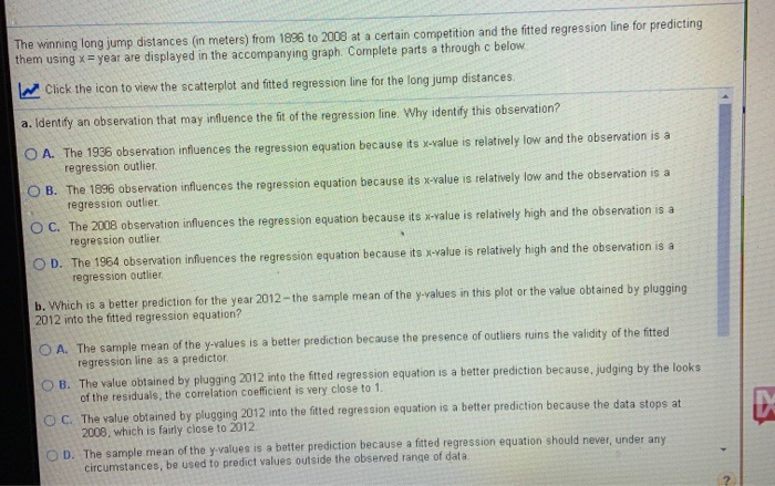 Solved The winning long jump distances (in meters) from 1896 | Chegg.com