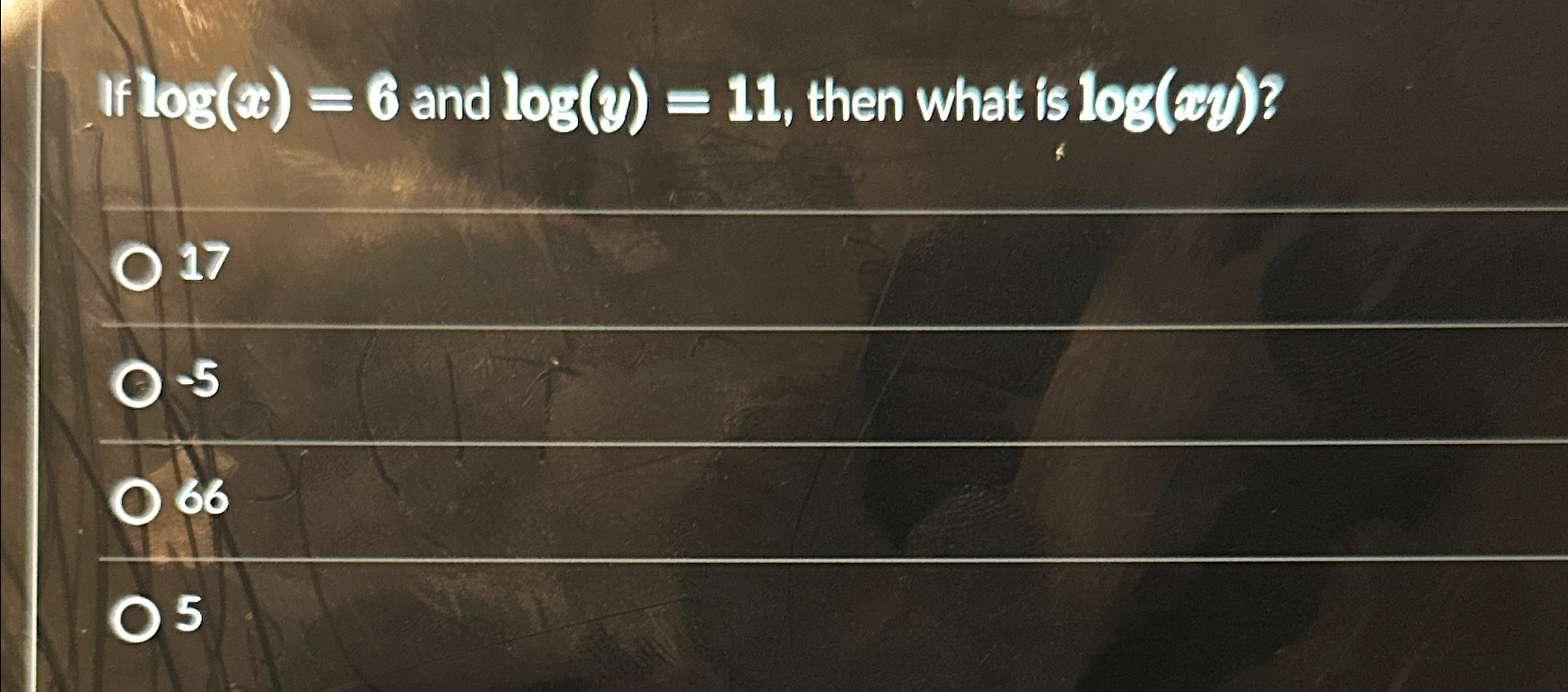 Solved If log(x)=6 ﻿and log(y)=11, ﻿then what is | Chegg.com