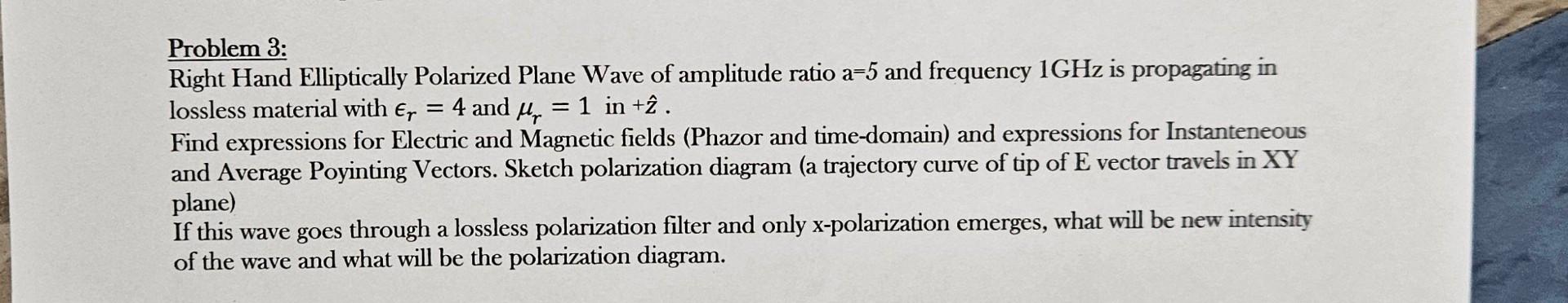 Solved Problem 3: Right Hand Elliptically Polarized Plane | Chegg.com