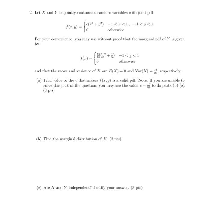 Solved 2. Let X and Y be jointly continuous random variables | Chegg.com