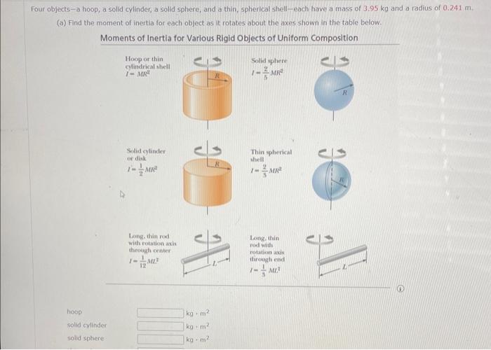 Solved Four objects-a hoop, a solid cylinder, a solld | Chegg.com