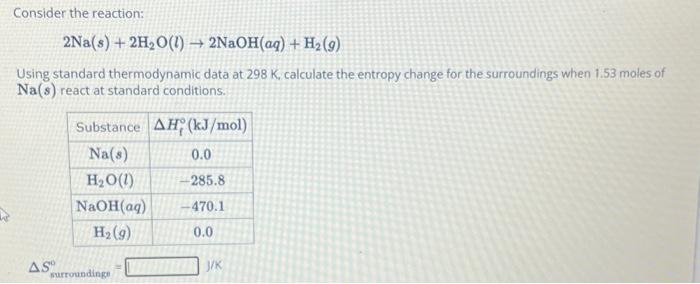 Solved Consider the reaction: 2Na(s)+2H2O(l)→2NaOH(aq)+H2(g) | Chegg.com