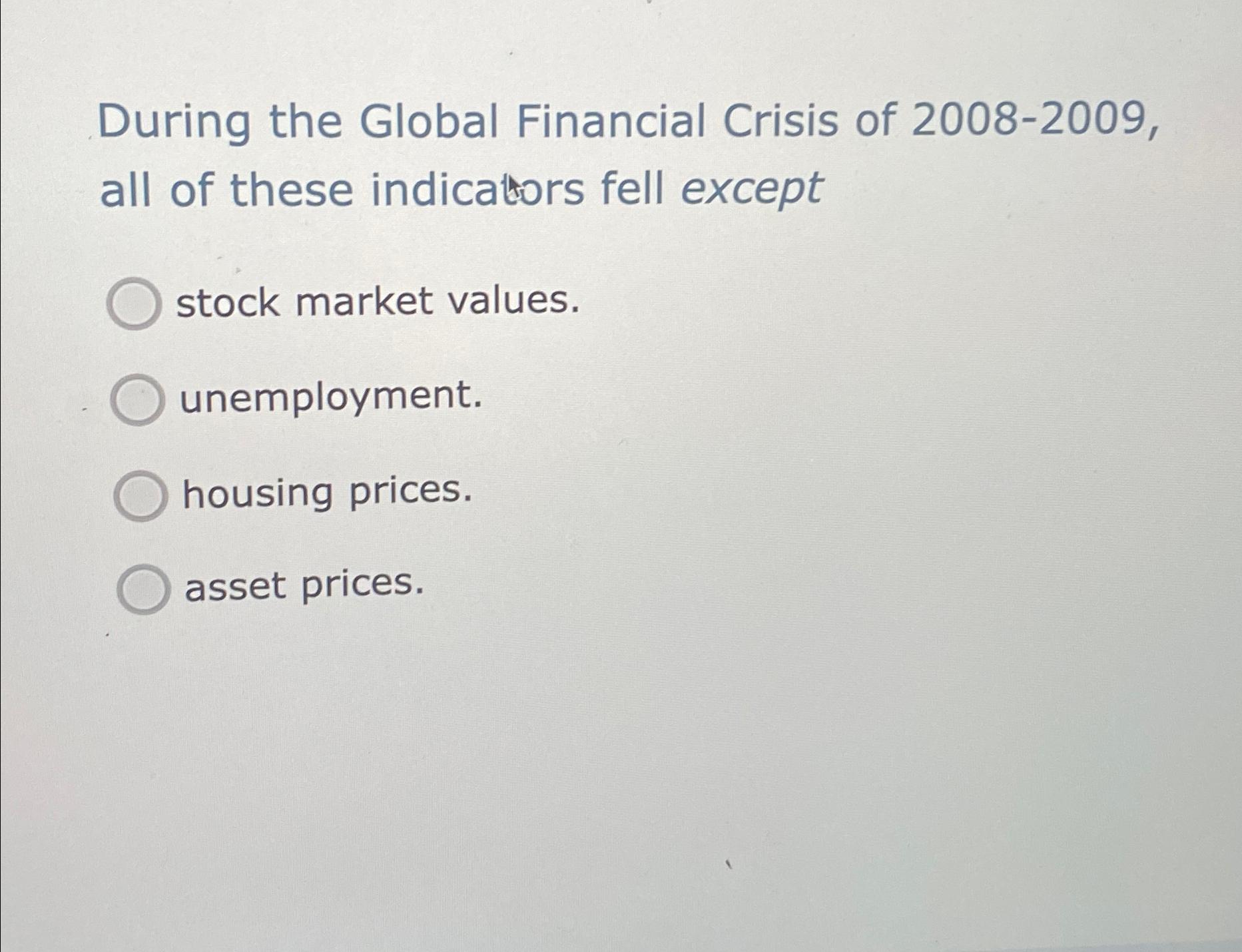 Solved During the Global Financial Crisis of 2008-2009, ﻿all | Chegg.com