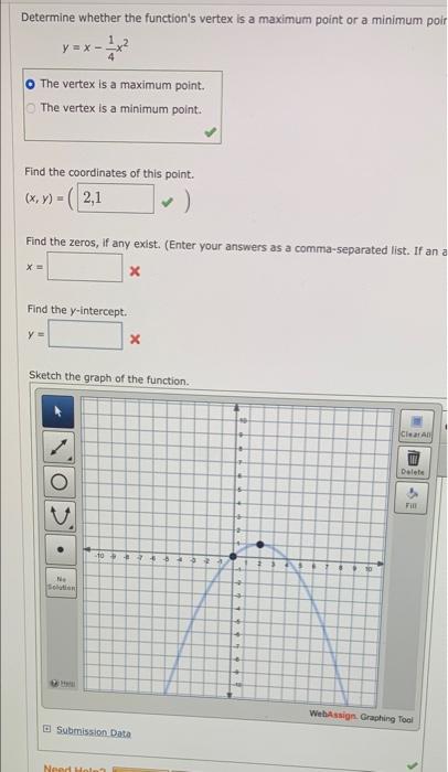 Solved Determine whether the function's vertex is a maximum | Chegg.com