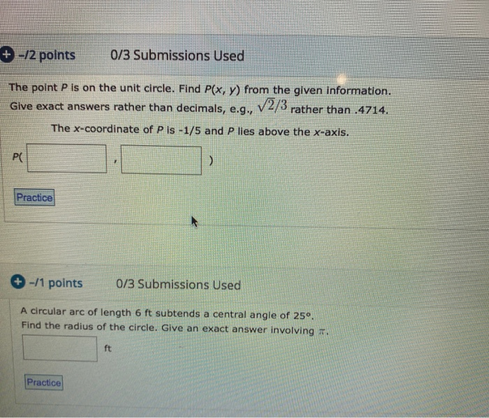 Solved + -/2 points 0/3 Submissions Used The point P is on | Chegg.com