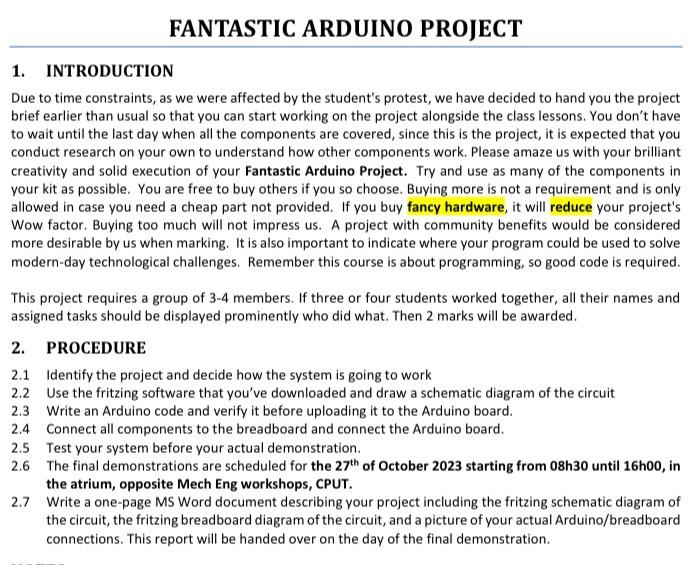 Solved FANTASTIC ARDUINO PROJECT 1. INTRODUCTION Due to time | Chegg.com