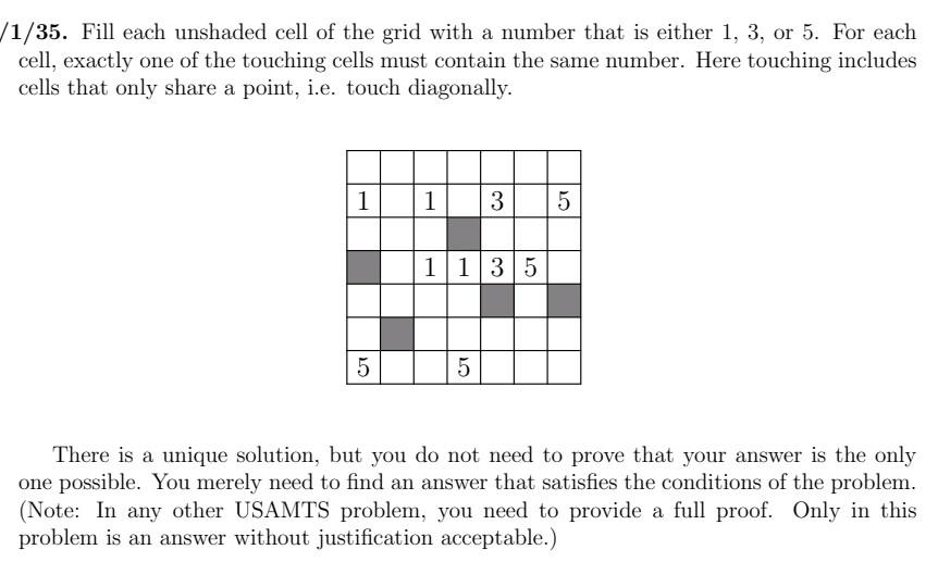 Solved 1/35. Fill each unshaded cell of the grid with a | Chegg.com