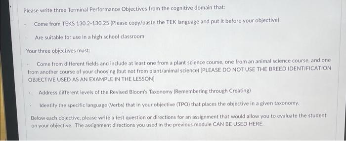 Please write three Terminal Performance Objectives | Chegg.com