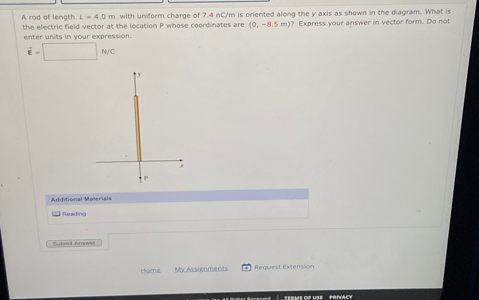 Solved A rod of length L=4.0m ﻿with uniform charge of 7.4nCm | Chegg.com