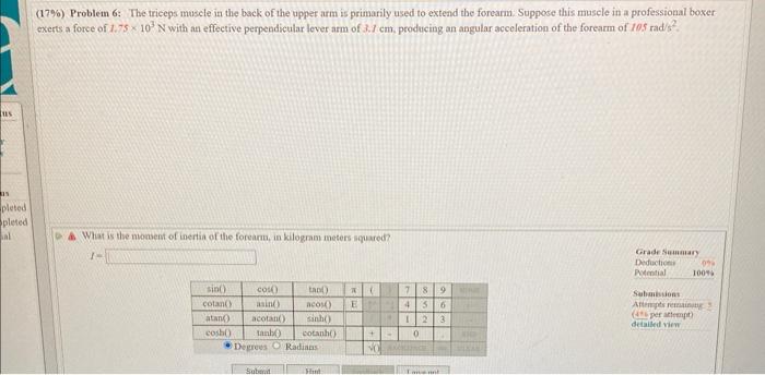 Solved (17\%) Problem 6: The triceps muscle in the back of | Chegg.com