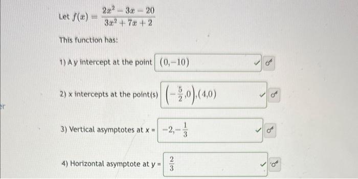 Solved Let f(x)=3x2+7x+22x2−3x−20 This function has: 1) A y | Chegg.com
