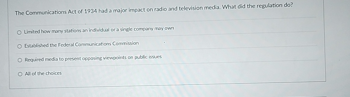 The Communications Act of 1934 ﻿had a major impact on | Chegg.com