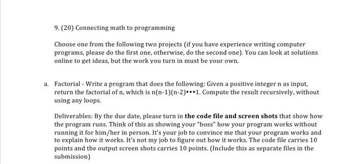 Solved 9. (20) Connecting math to programming Choose one | Chegg.com