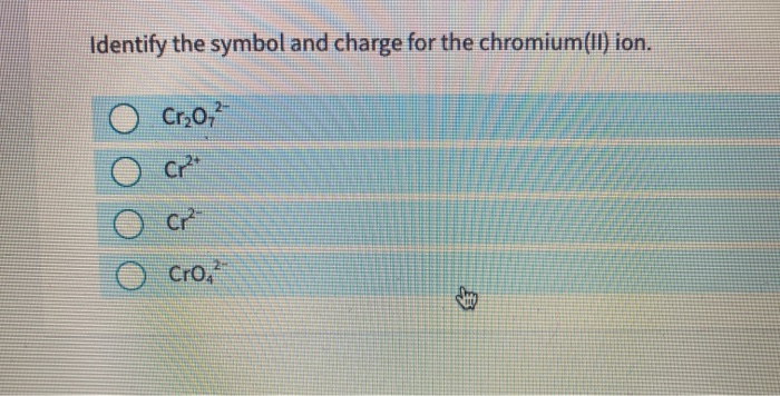 Solved Identify the symbol and charge for the chromium(II) | Chegg.com
