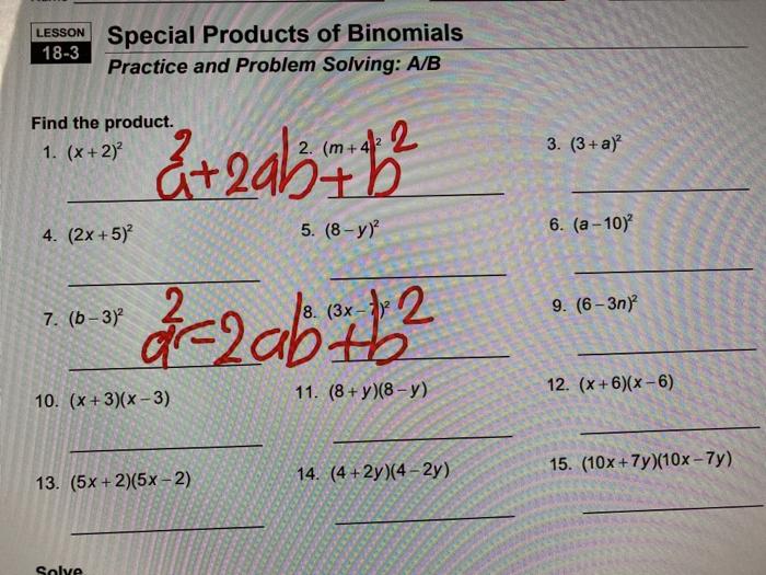 Solved LESSON Special Products of Binomials 18-3 Practice | Chegg.com