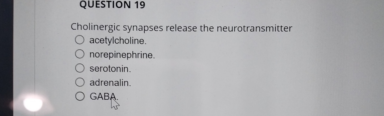 Solved QUESTION 19Cholinergic synapses release the | Chegg.com