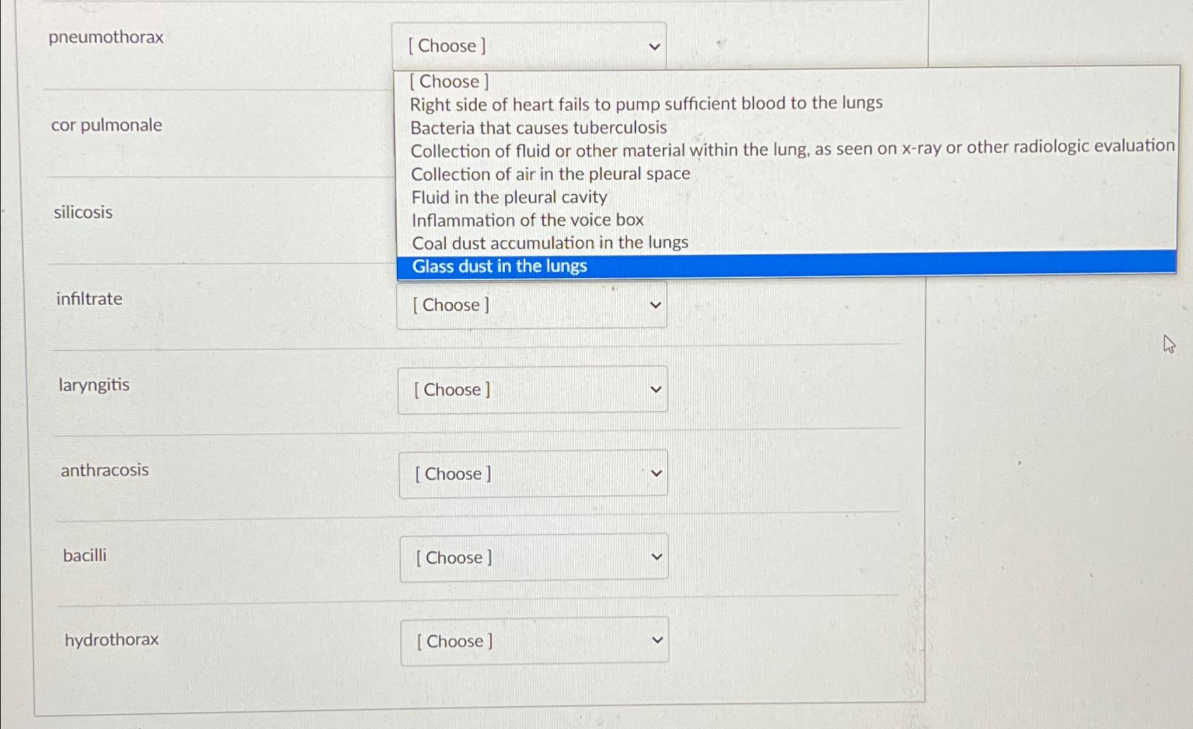 Solved pneumothorax[ ﻿Choose ][Choose]cor pulmonaleRight | Chegg.com