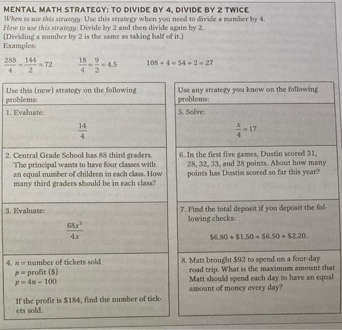 Solved MENTAL MATH STRATEGY: TO DIVIDE BY 4, DIVIDE BY 2 | Chegg.com