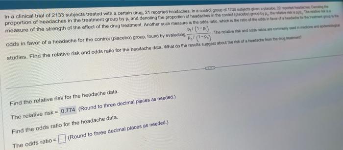 Solved Find the relative risk for the headache data. The | Chegg.com