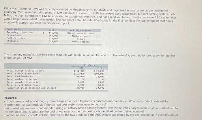 Solved Utica Manufacturing (UM) was recently acquired by | Chegg.com