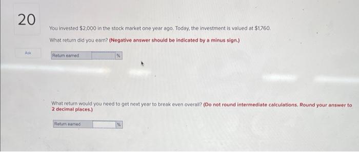 Solved You invested $2,000 in the stock market one year ago. | Chegg.com