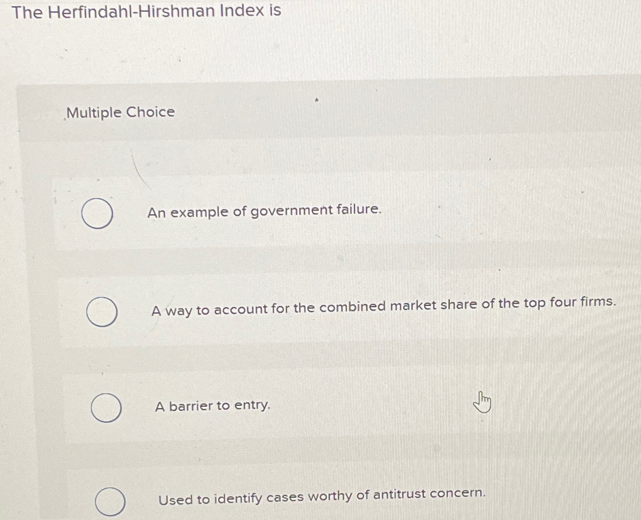 Solved The Herfindahl-Hirshman Index isMultiple ChoiceAn | Chegg.com