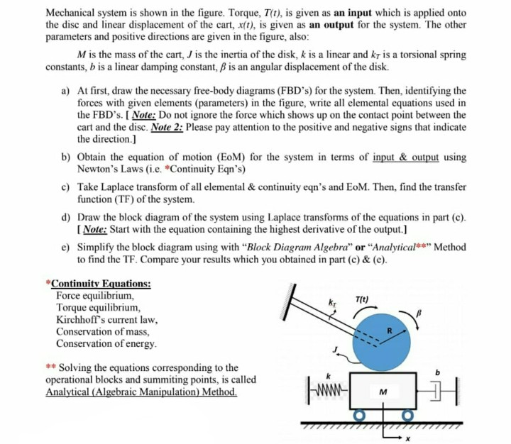 Solved Mechanical system is shown in the figure. Torque, | Chegg.com