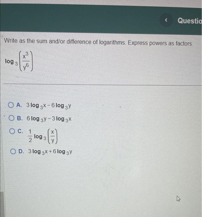 Solved Write as the sum and/or difference of logarithms. | Chegg.com