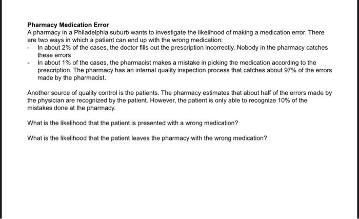 Solved Pharmacy Medication Error A pharmacy in a | Chegg.com
