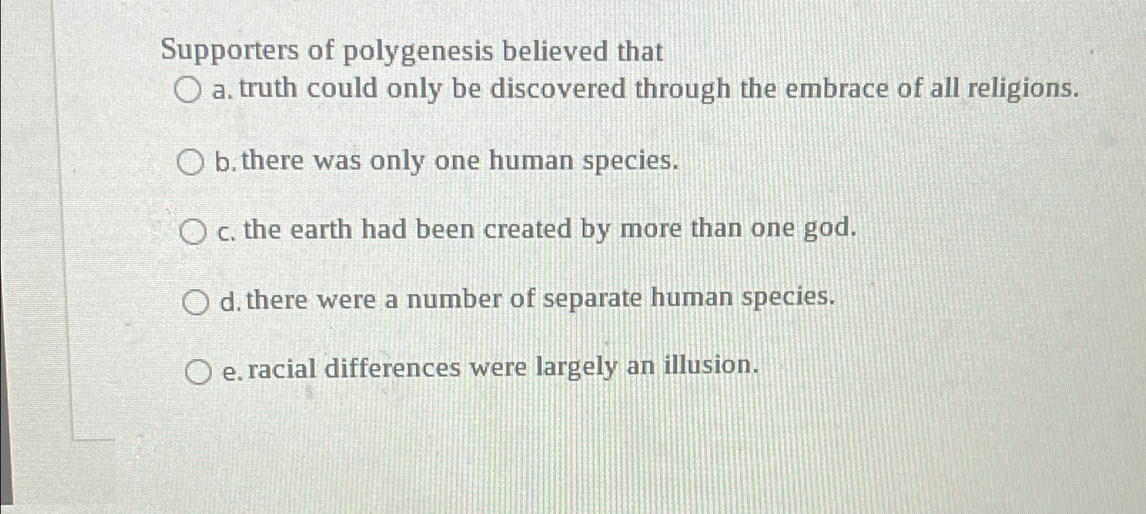Solved Supporters of polygenesis believed thata. ﻿truth | Chegg.com